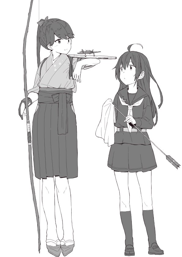 Safebooru - 2girls ahoge aircraft airplane black hair black legwear black serafuku bow (weapon ...