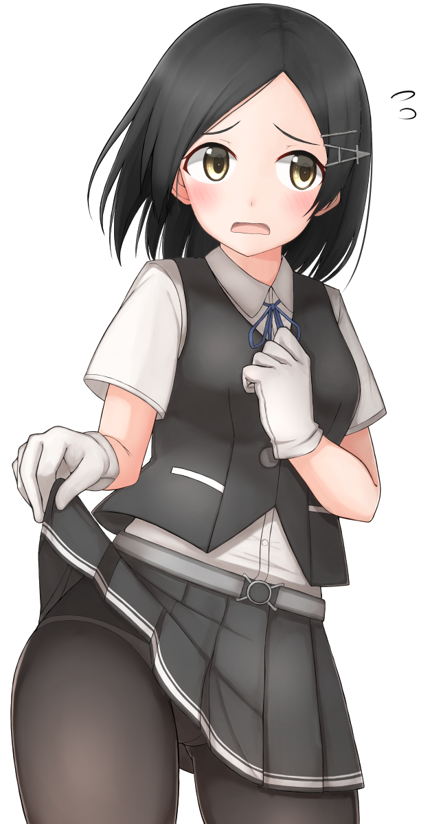 Safebooru - 1girl black hair black legwear blue ribbon cowboy shot flying sweatdrops gloves hair ...