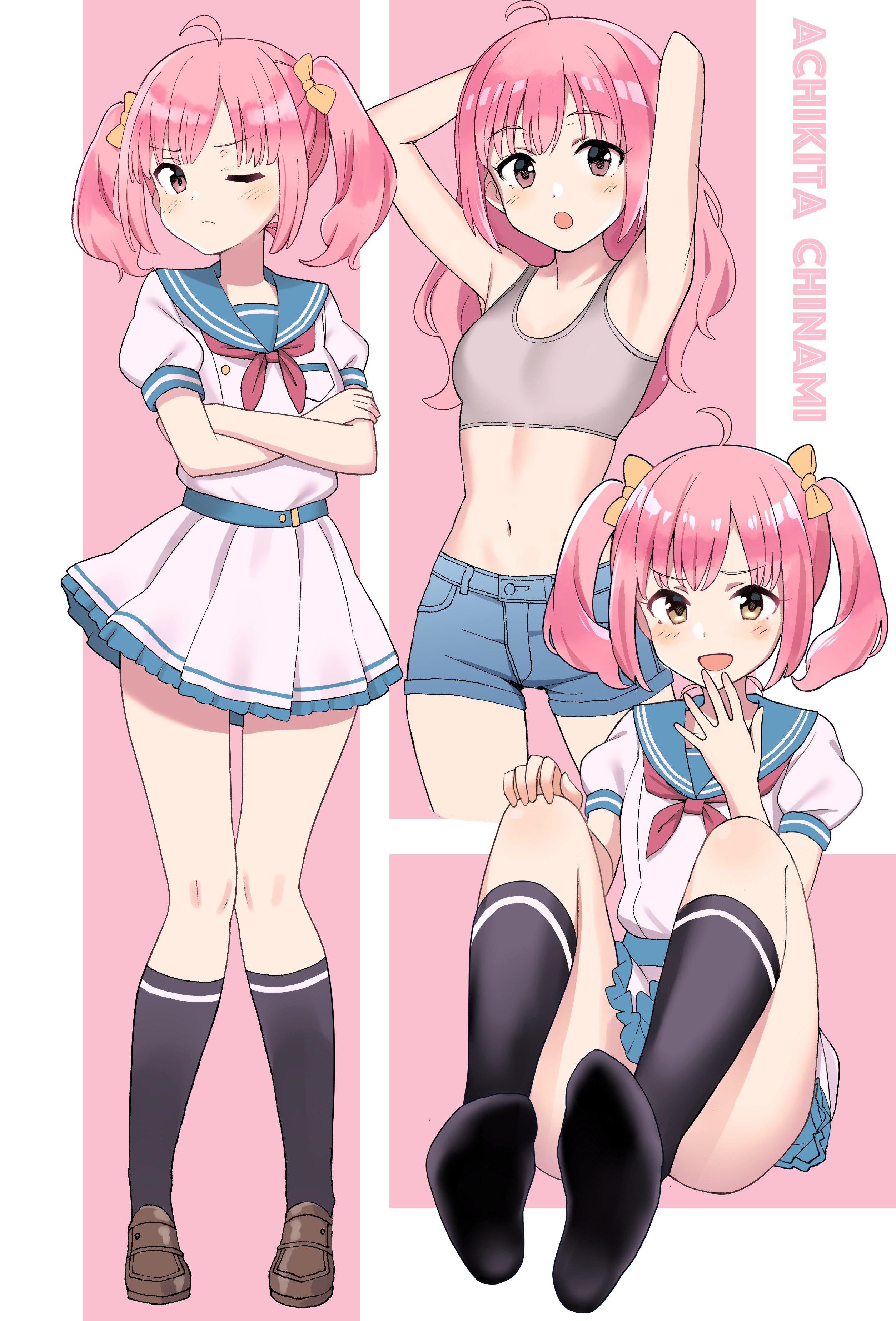 Safebooru - 1girl :o ;( absurdres achikita chinami ahoge armpits arms behind head arms up black ...