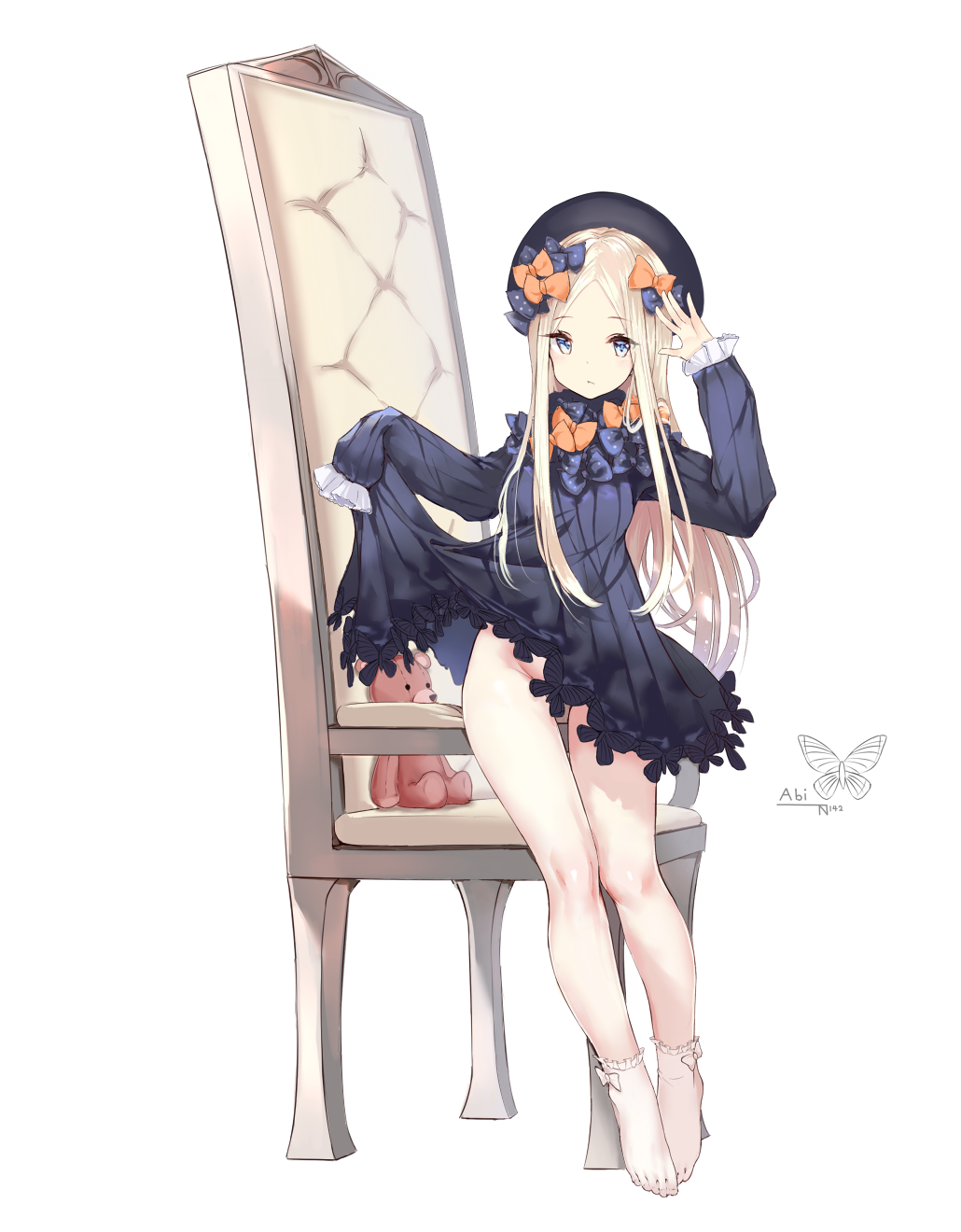 Safebooru - 1girl abigail williams (fate/grand order) arm up armchair bangs black bow black ...