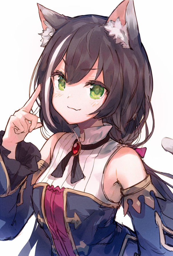 Safebooru - 1girl :3 animal ear fluff animal ears bangs bare shoulders black hair blue sleeves ...