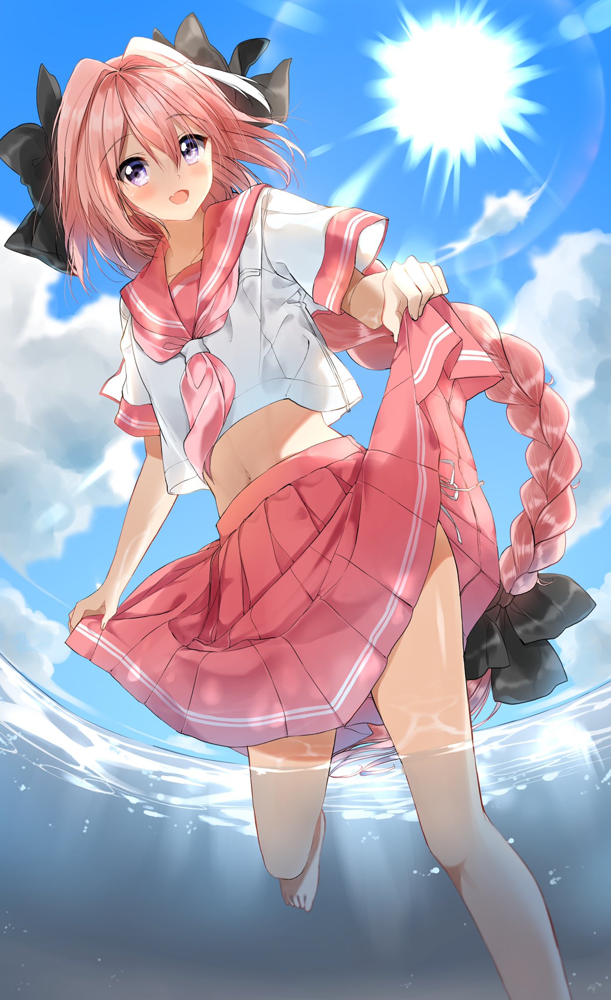 Safebooru - 1boy :d astolfo (fate) bangs bare legs barefoot black ribbon blue sky blush braid ...