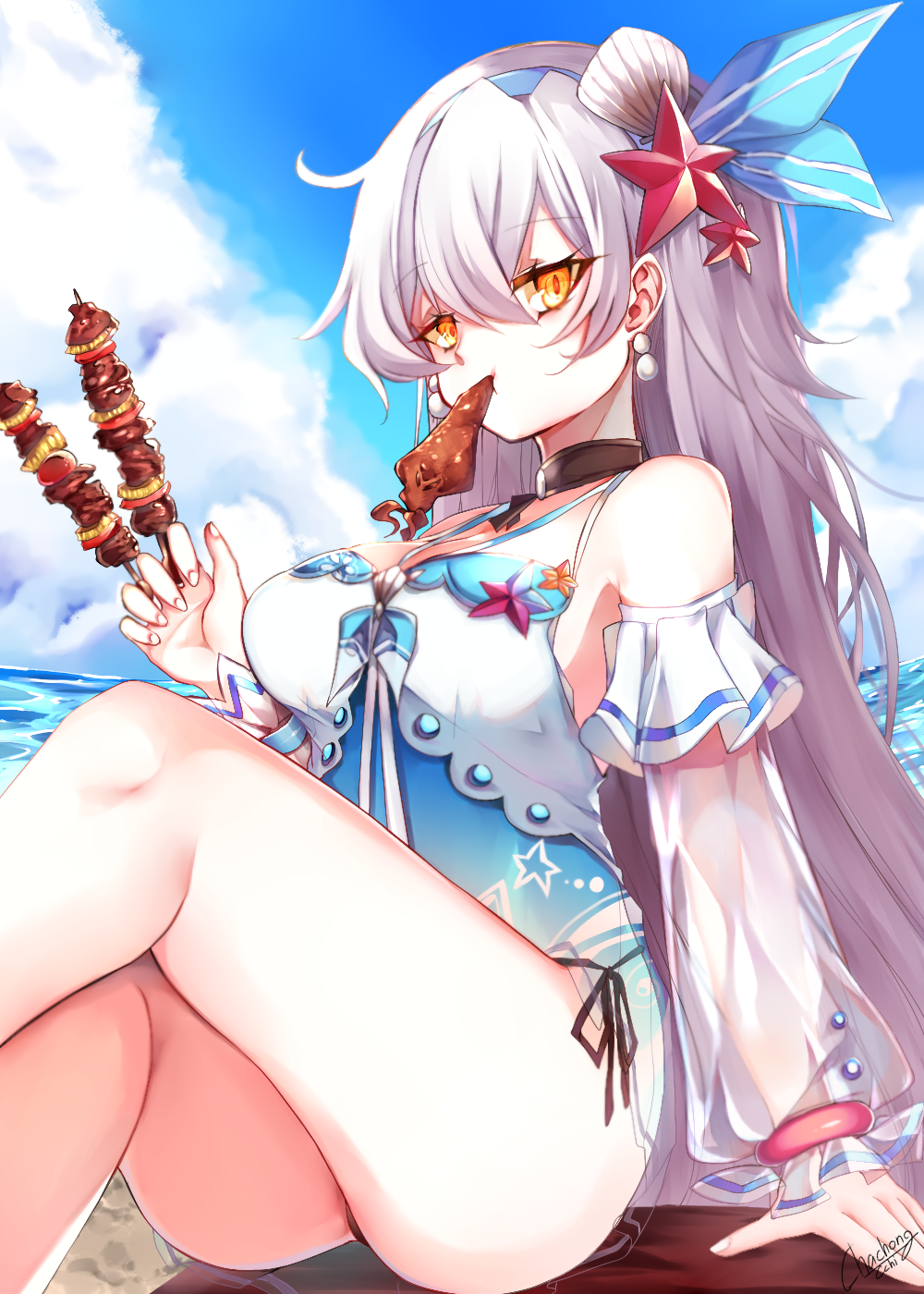 Safebooru - 1girl ahoge arm support bare legs bare shoulders beach blue sky bracelet breasts ...
