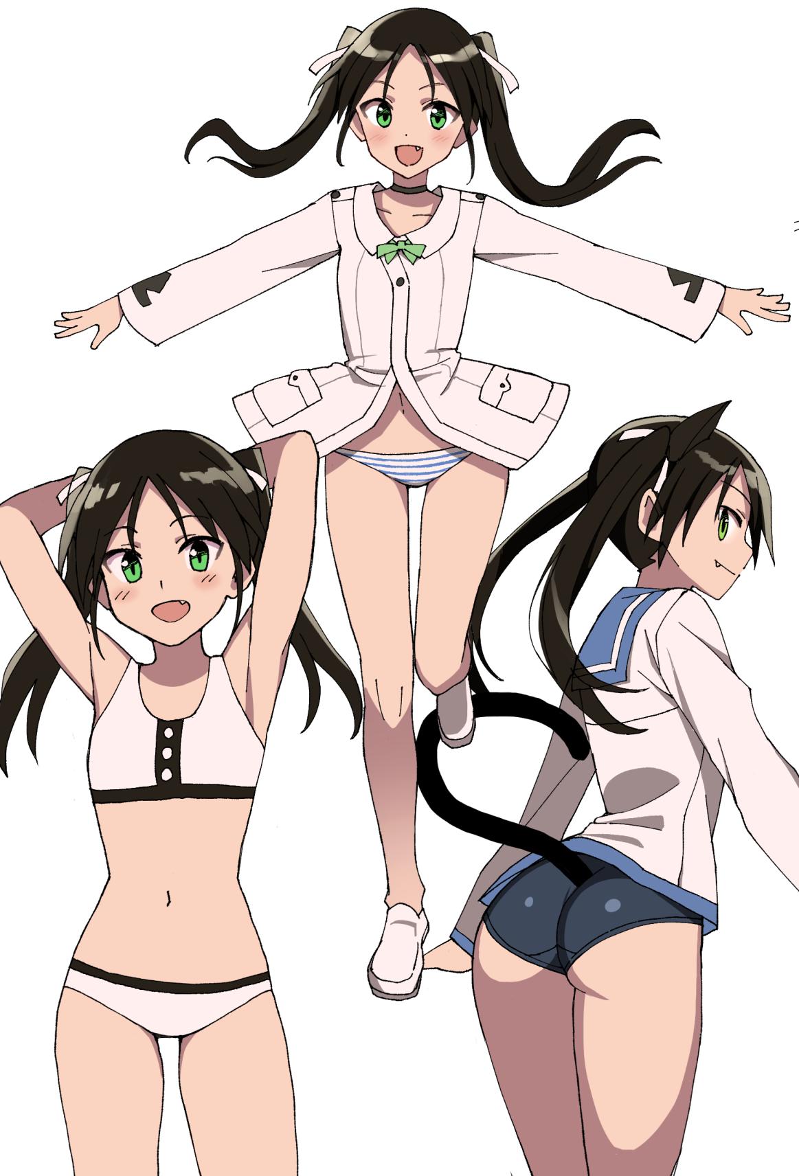 Safebooru - 1girl :d animal ears armpits arms behind head arms up ass black hair blouse blue ...