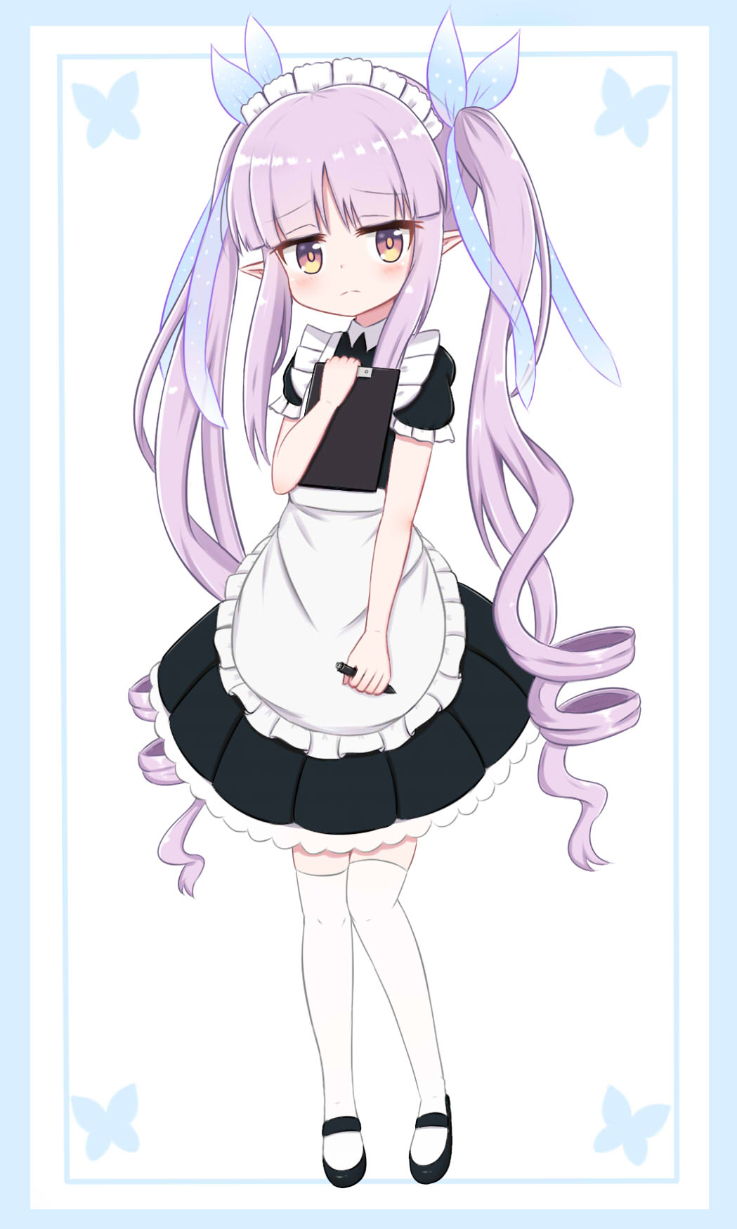 Safebooru - 1girl alternate costume apron bangs black dress black footwear blue background blue ...