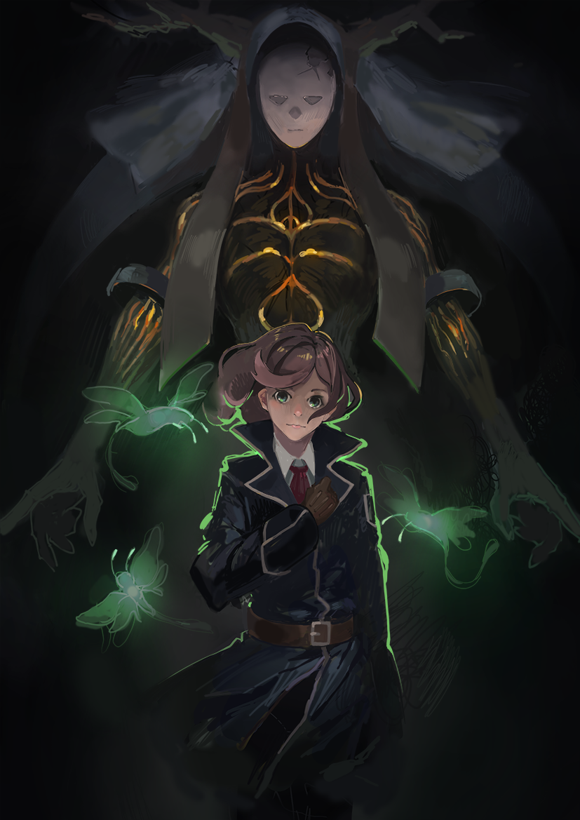 Safebooru - 1girl 1other ash clad belt black background brown gloves brown hair clenched hand ...