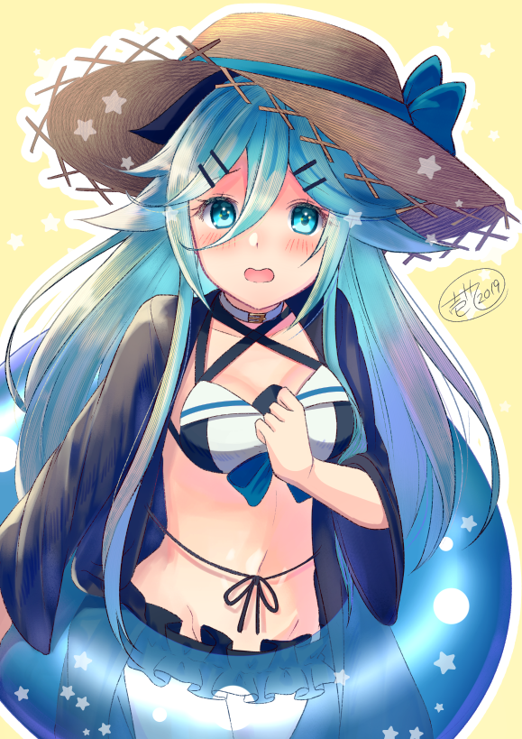 Safebooru - 1girl adapted costume bangs bikini black bikini black jacket black ribbon blue ...