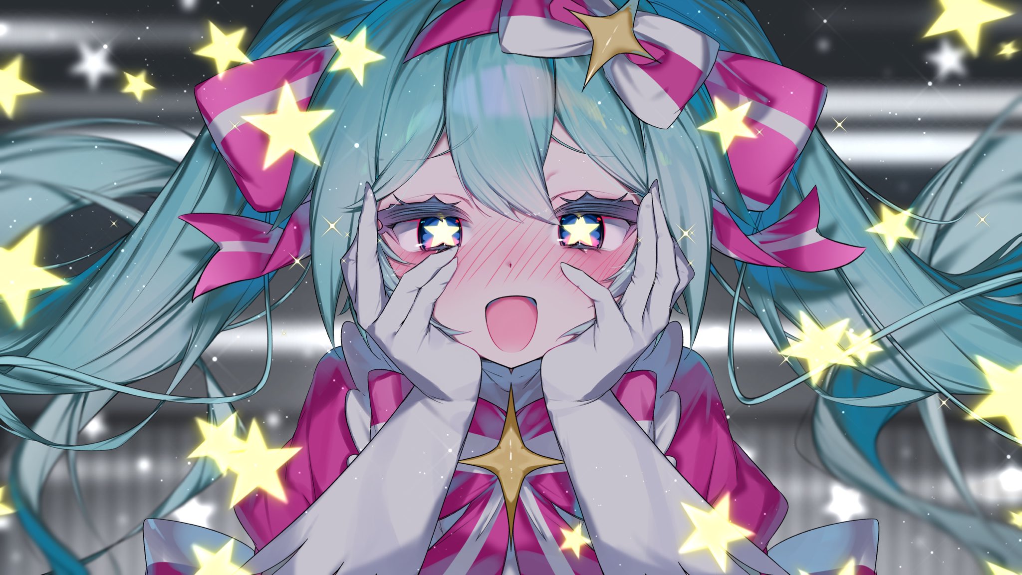 Safebooru - 1girl aqua hair blush bow gloves hair bow hairband hands on own face hatsune miku ...