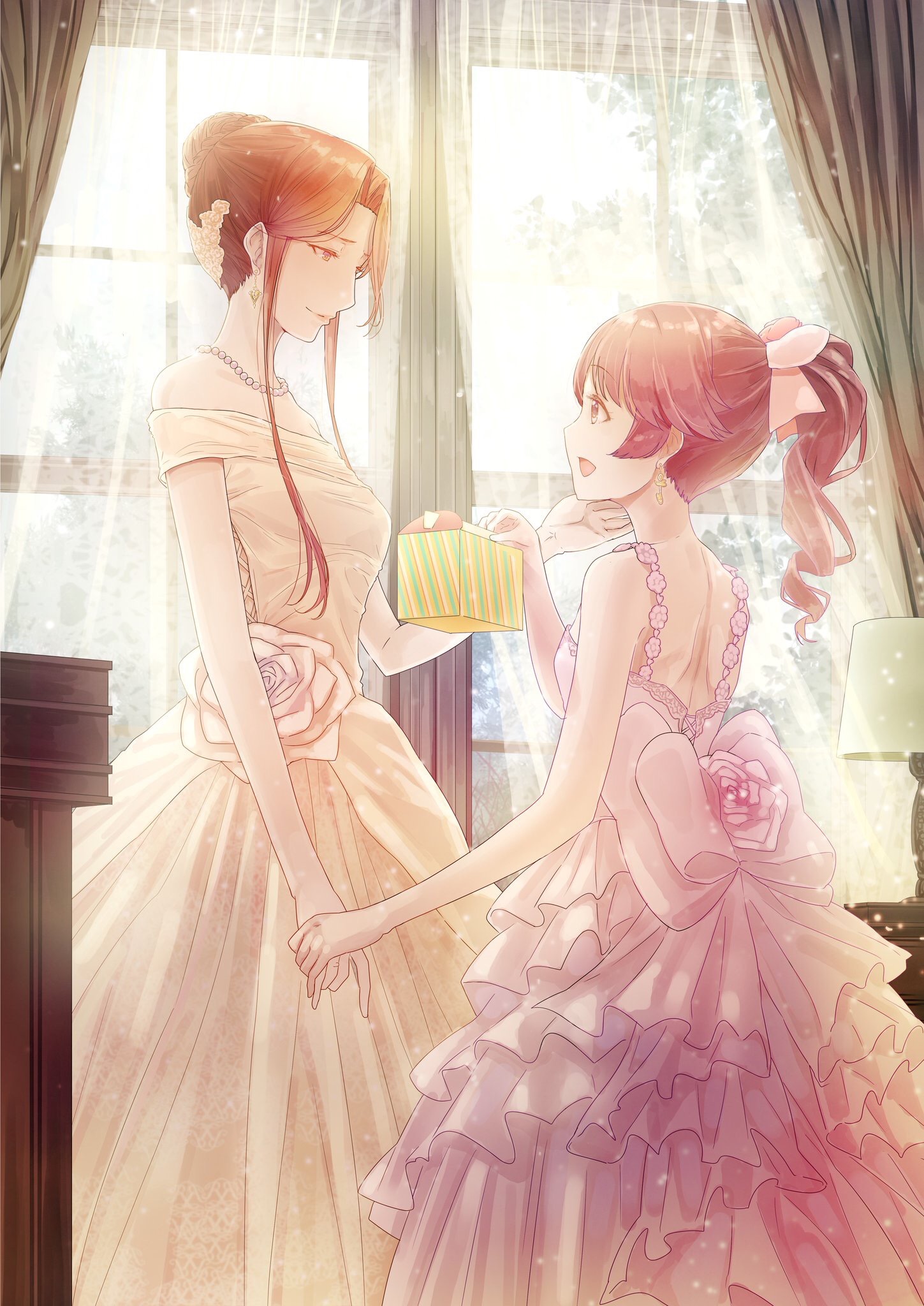 Safebooru - 2girls alternate costume back bloom bow box brown eyes brown hair commentary request ...