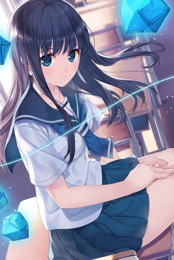Safebooru - amamiya chiharu black hair blue eyes blue skirt classroom collarbone desk indoors ...