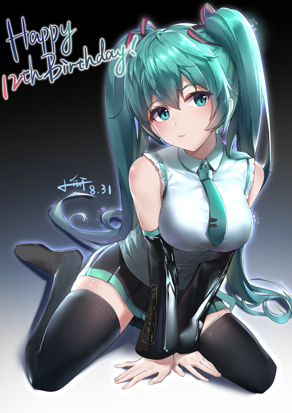 Safebooru - 1girl aqua eyes aqua hair black background black legwear black sleeves detached ...