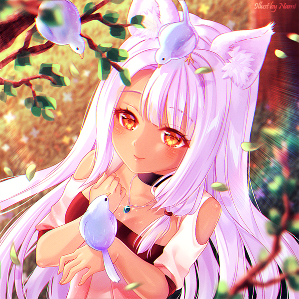 Safebooru - 1girl animal animal on hand animal on head bangs bare shoulders bird bird on hand ...