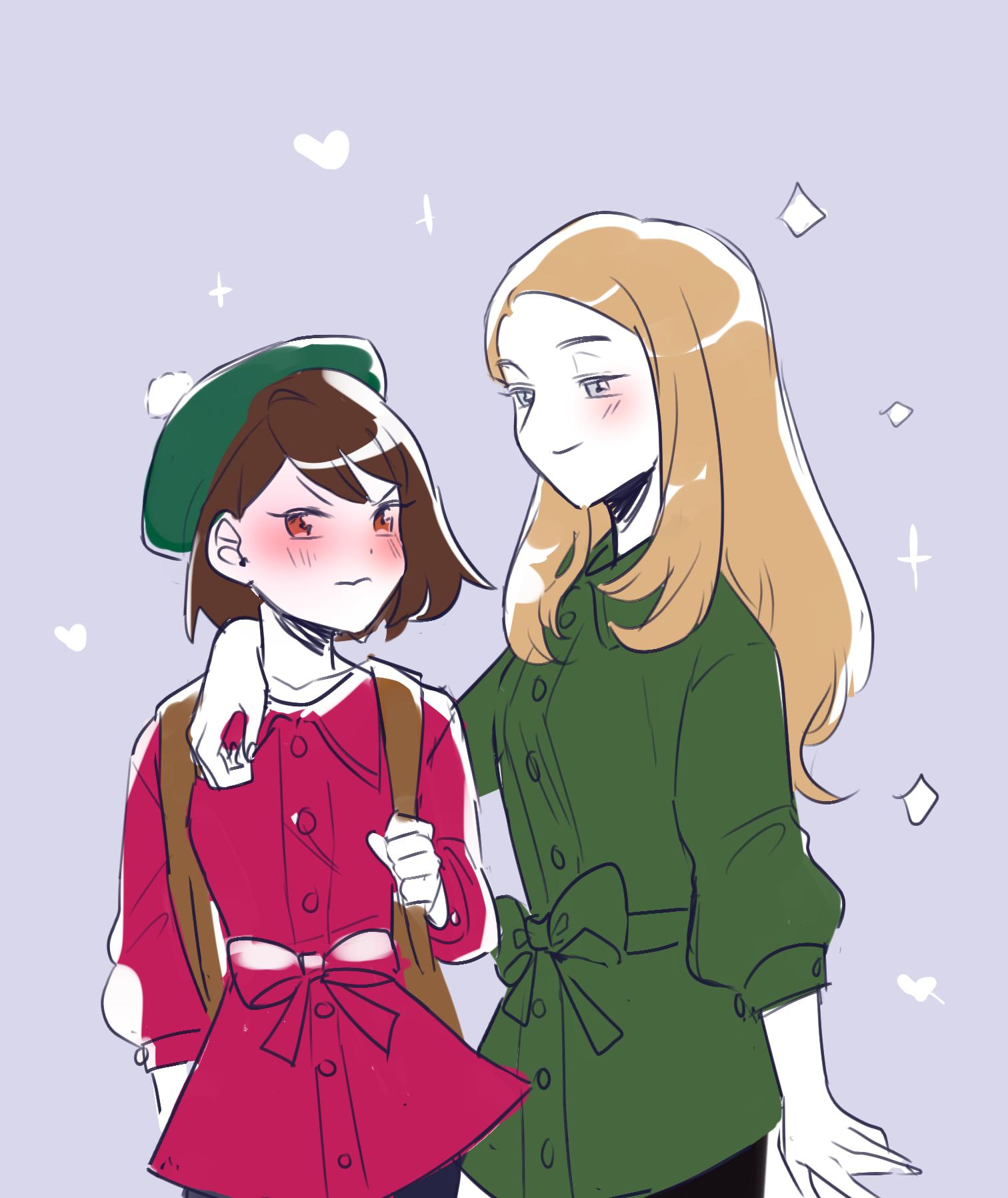 Safebooru - 2girls bangs blue eyes blush brown eyes brown hair female ...