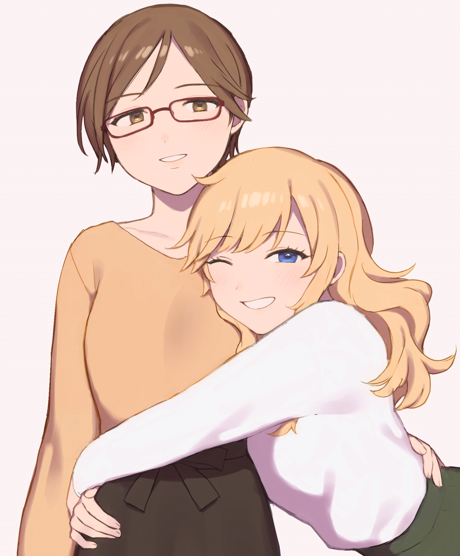 Safebooru - 2girls aikawa chinatsu bangs black skirt blonde hair blue eyes blush breasts brown ...