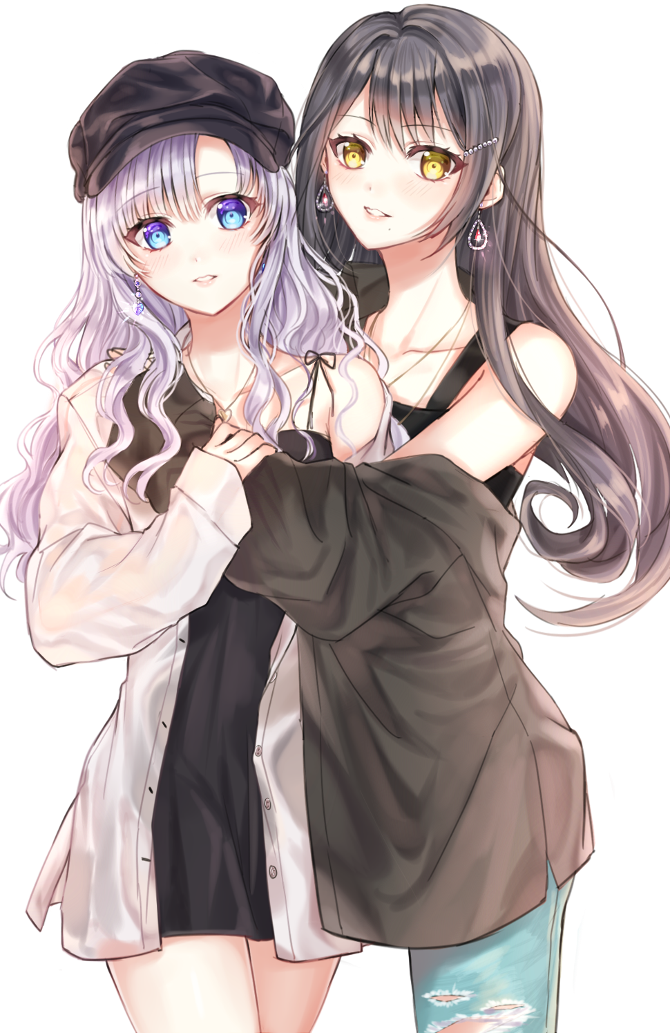 Safebooru - 2girls black coat black dress black hair black headwear black tank top blue eyes ...