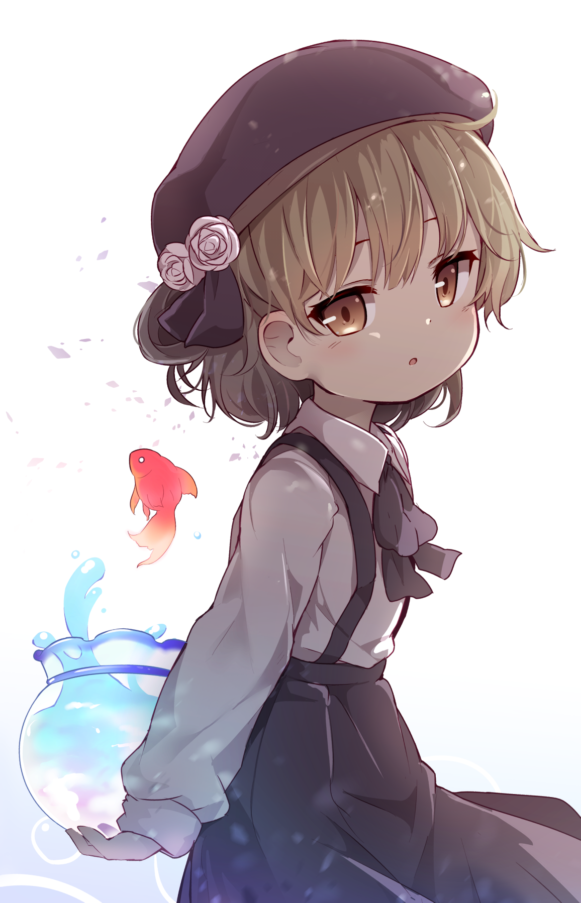 Safebooru - 1girl :o animal baku-p bangs beret black bow black headwear black ribbon black skirt ...