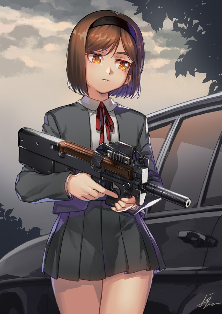 Safebooru - 1girl bangs black hairband brown hair car closed mouth clouds cloudy sky cowboy shot ...