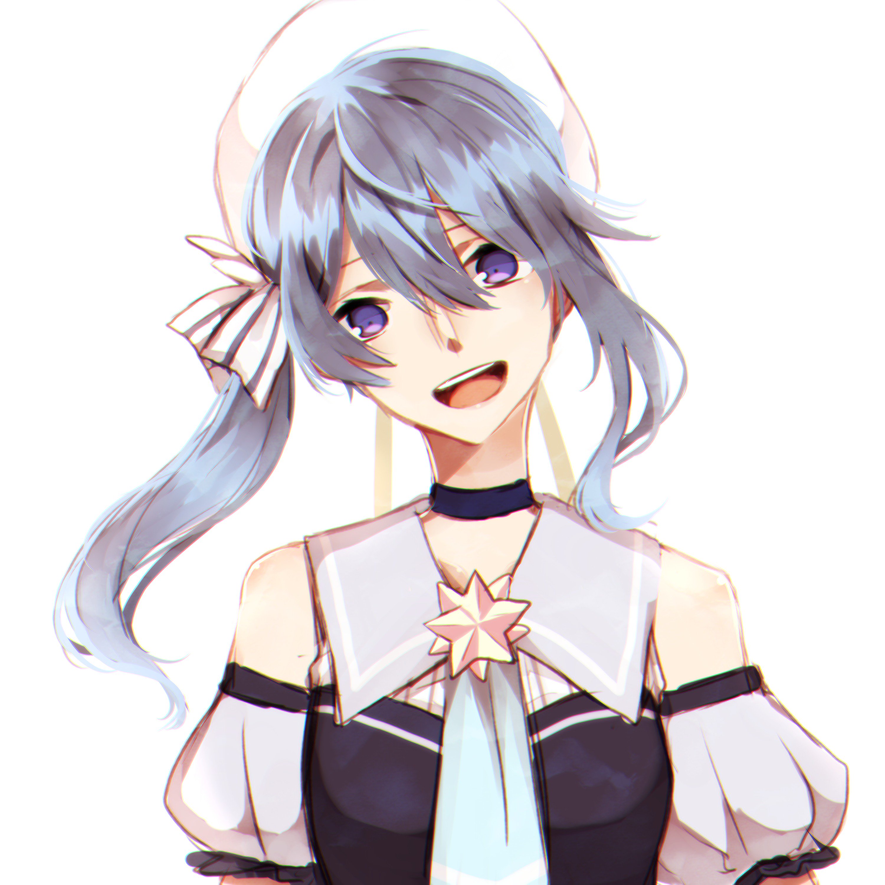 Safebooru - 1girl 9mori absurdres armband bangs bare shoulders beret blue eyes blue hair blue ...