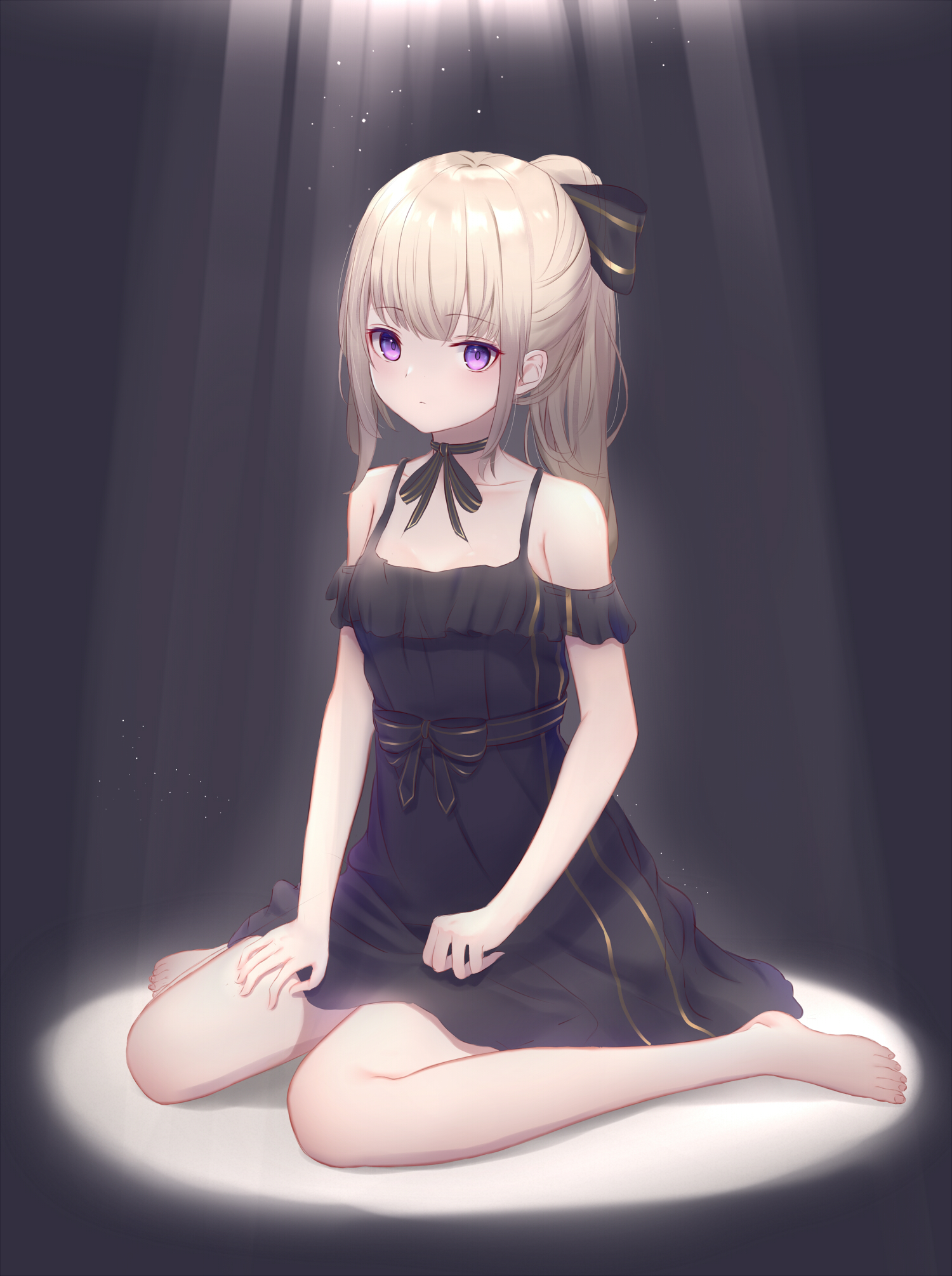 Safebooru - 1girl bangs bare legs black background black dress black ...