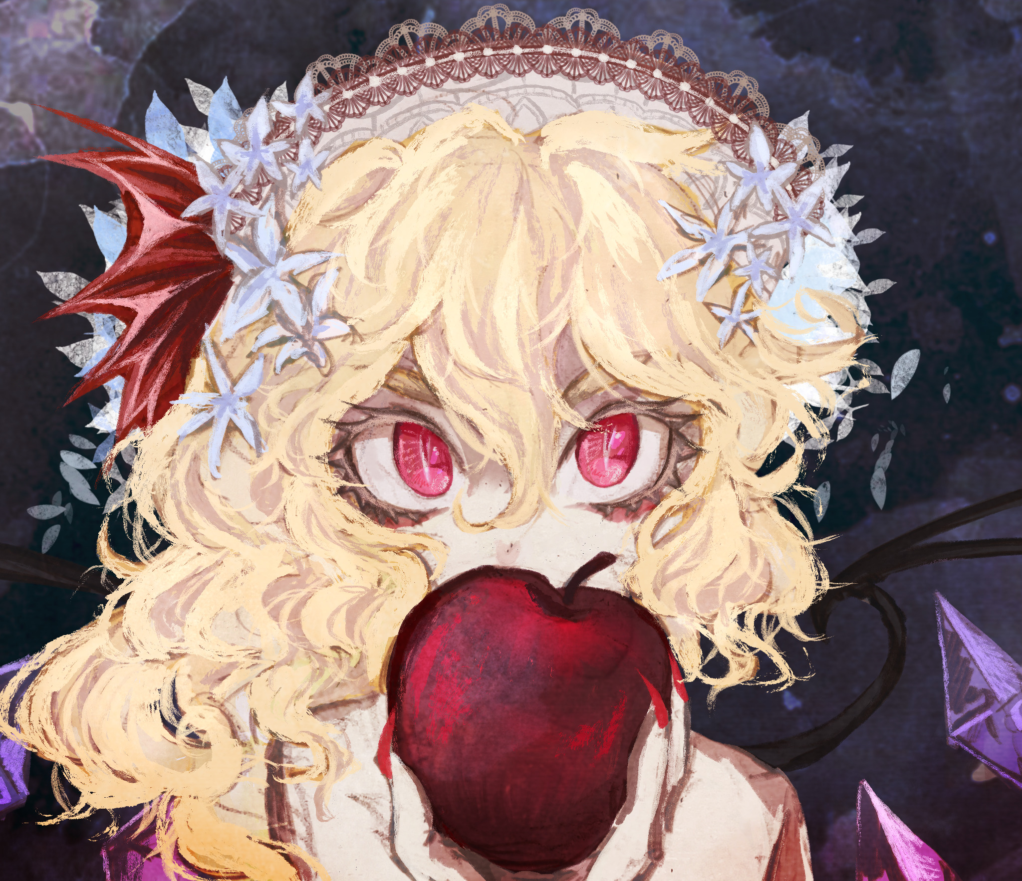 Safebooru - aculka-the-shark adapted costume apple ascot bat wings biting blonde hair commentary ...