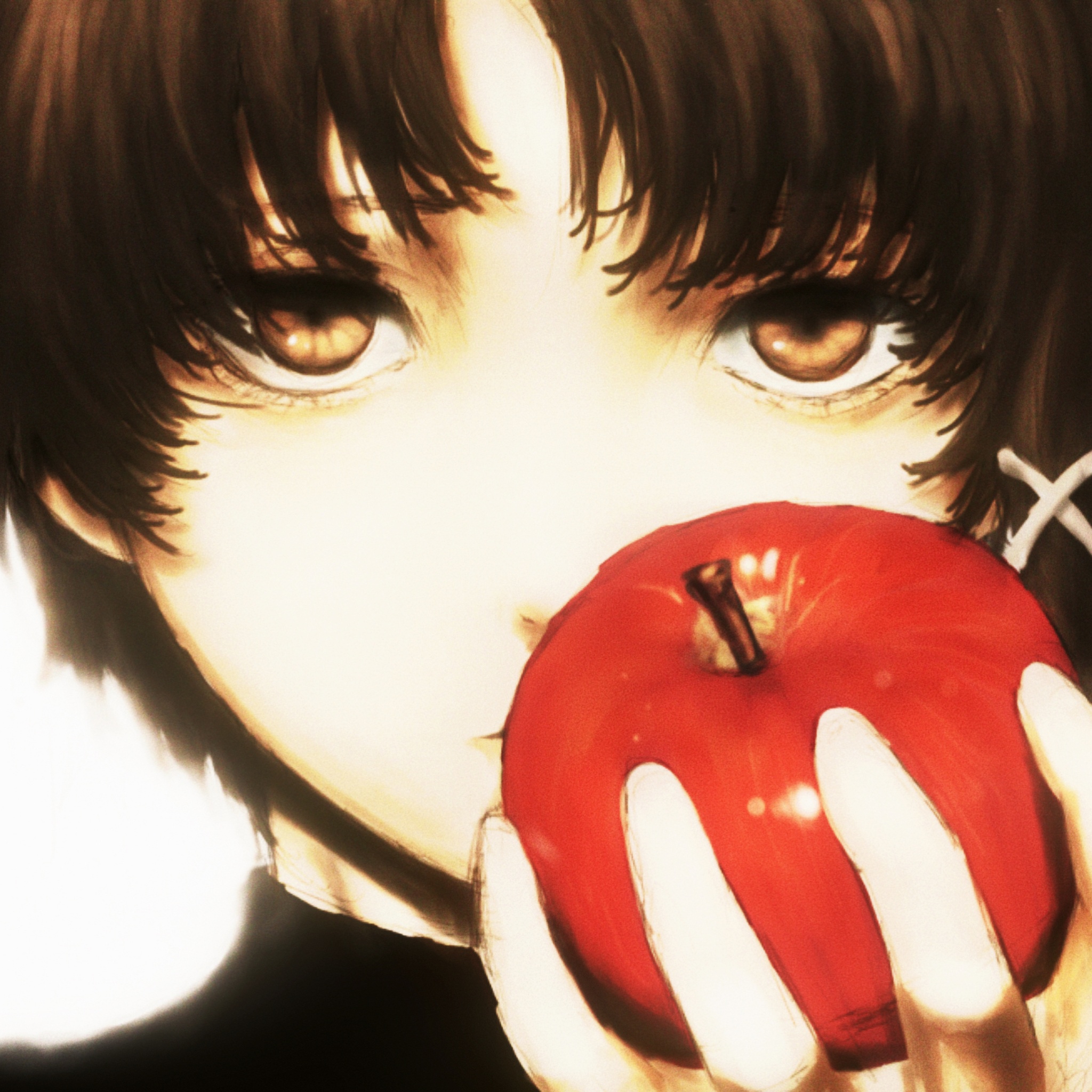 Safebooru - 1girl apple brown eyes brown hair covered mouth food fruit ...