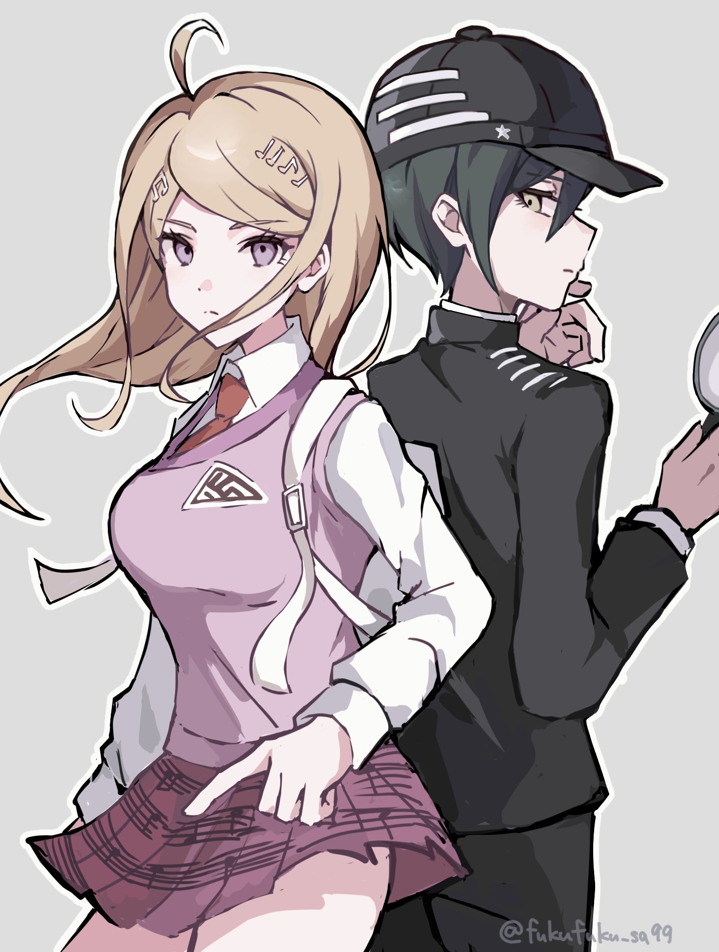 Safebooru - 1boy 1girl ahoge akamatsu kaede back-to-back black hair black jacket blonde hair ...