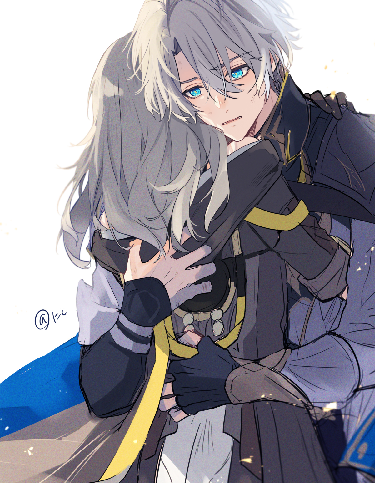 Safebooru - 1boy 1girl antenna hair armor black gloves black jacket blue cape blue eyes blush ...