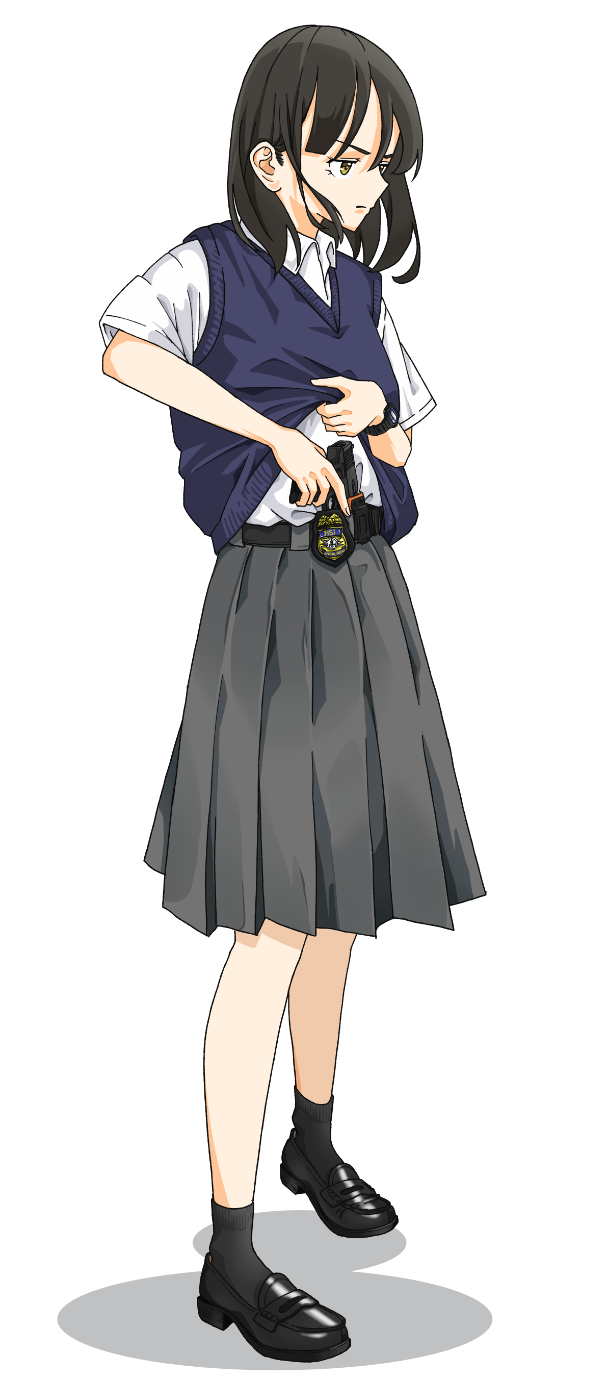 Safebooru - 1girl absurdres badge black hair brown eyes concealed ...