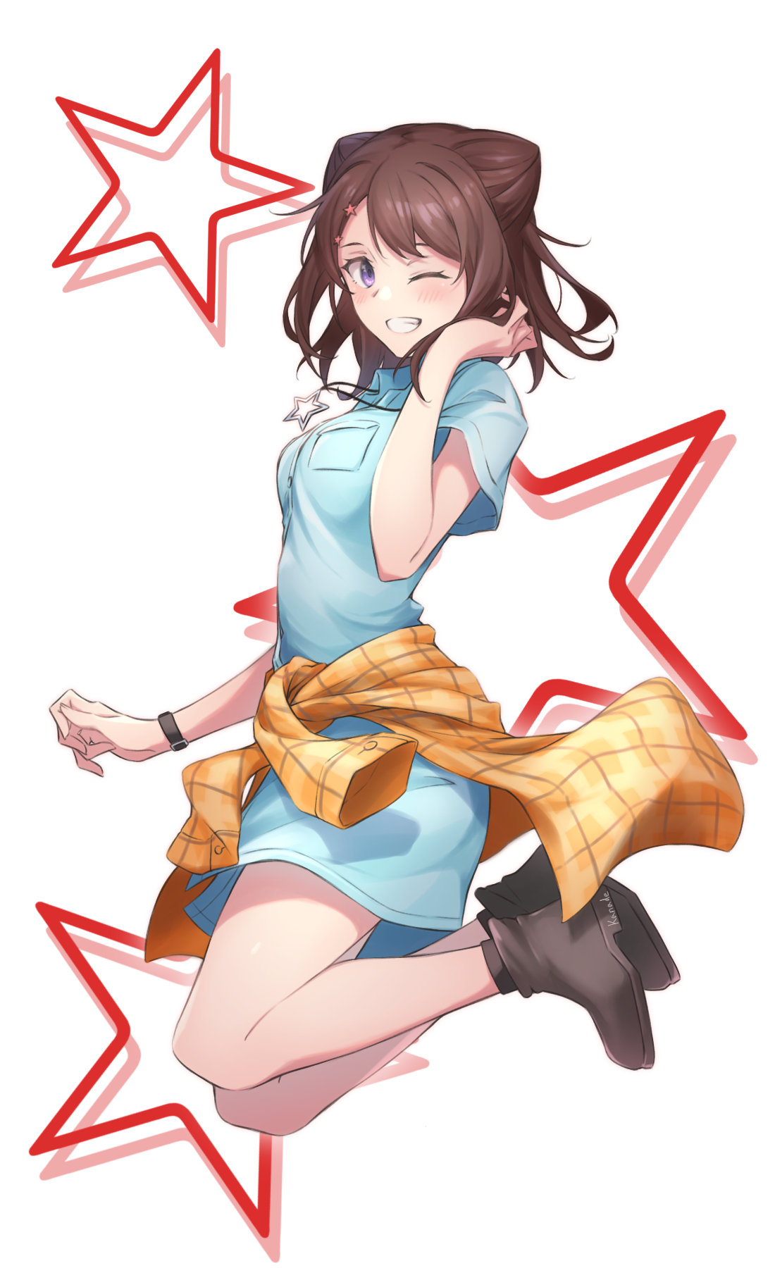 Safebooru - 1girl bang dream! black socks blue dress blush breasts brown hair brown jacket brown ...
