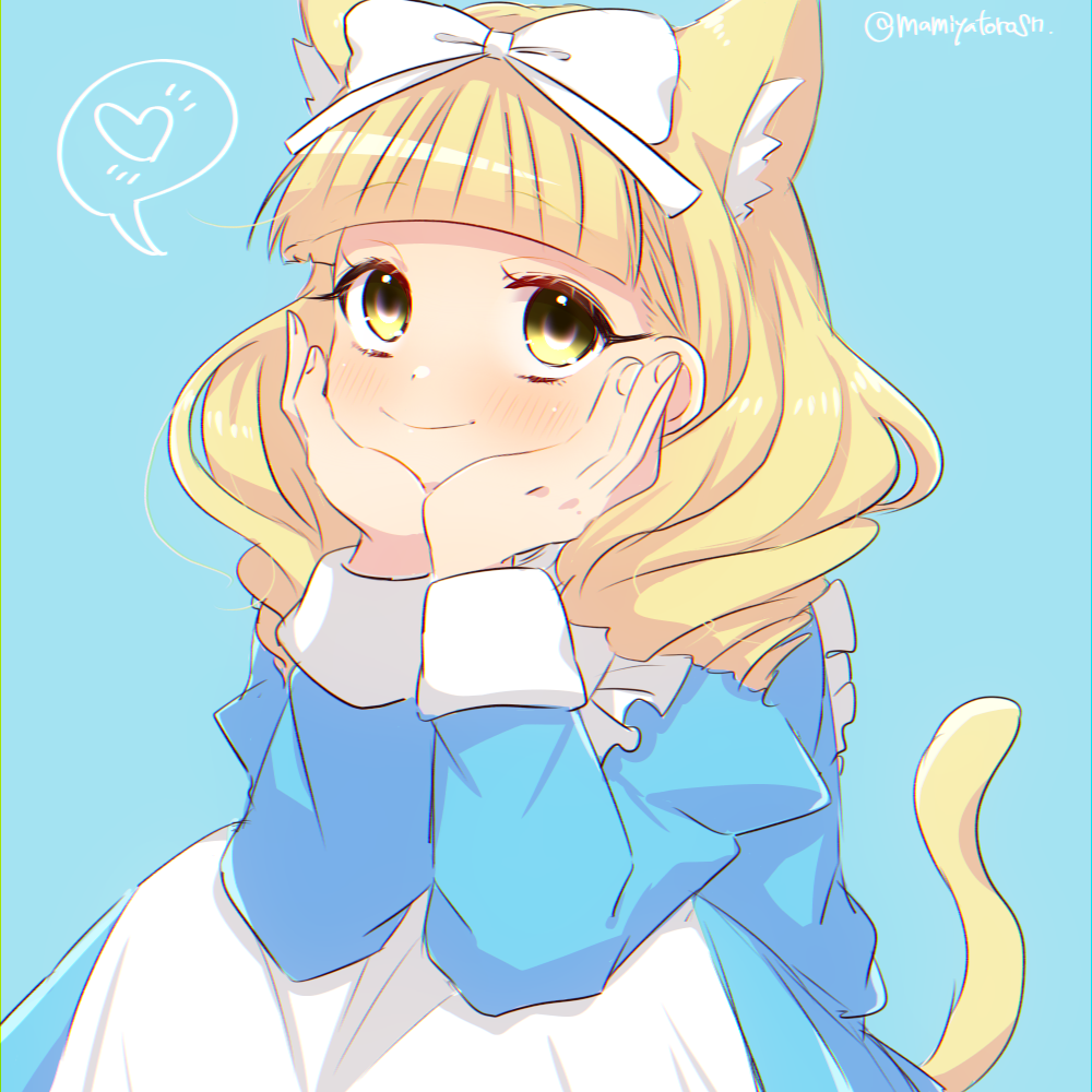 Safebooru - 1girl animal ears blonde hair blue background blue dress blush bow cat ears cat tail ...