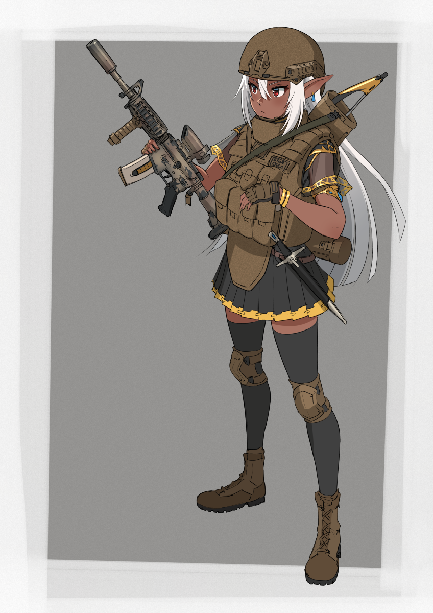 Safebooru - 1girl assault rifle black legwear bow (weapon) dagger dark ...