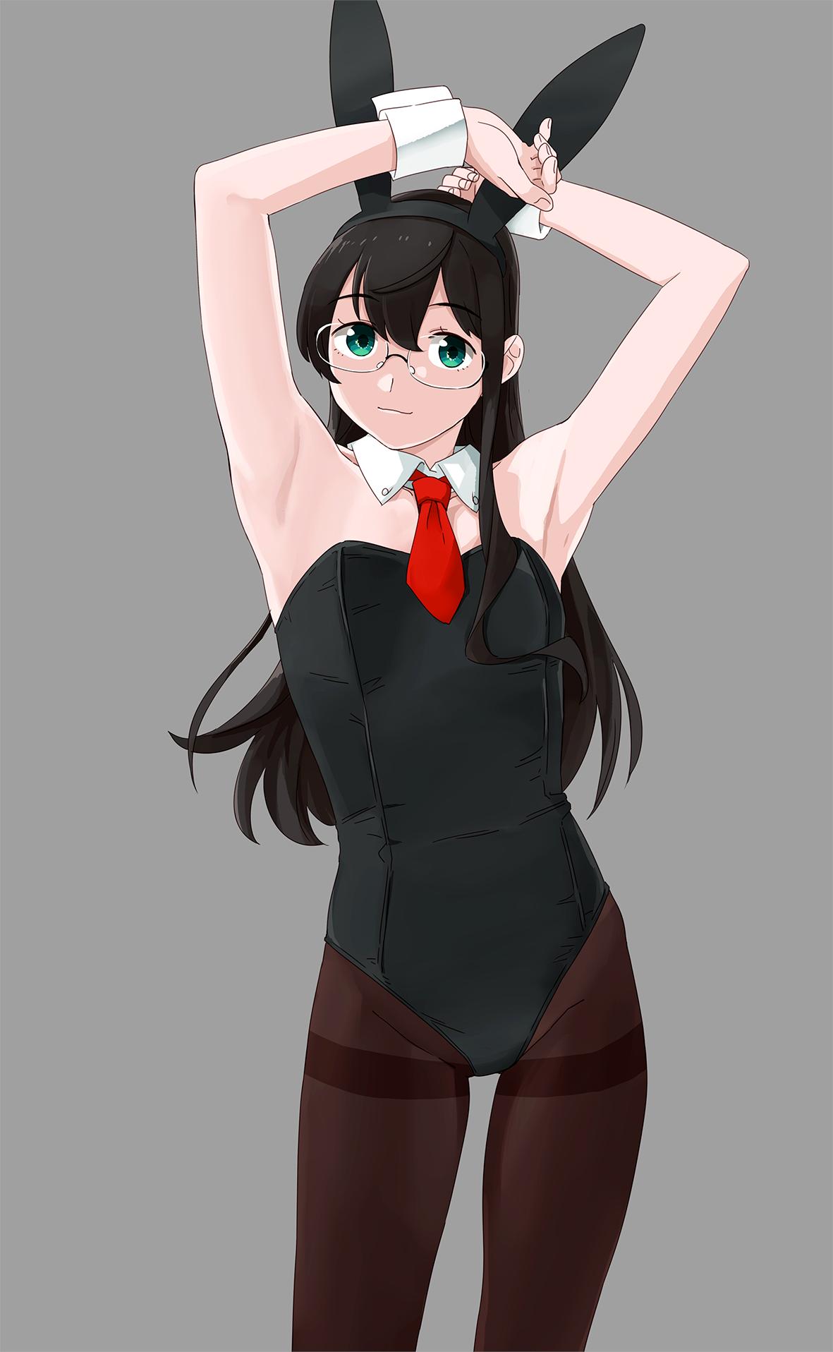 Safebooru - 1girl animal ears arms up black hair black leotard breasts brown legwear bunny tail ...
