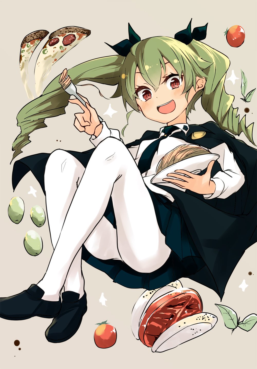 Safebooru - 1girl anchovy anzio school uniform bangs barashiya cape drill hair food fork girls ...