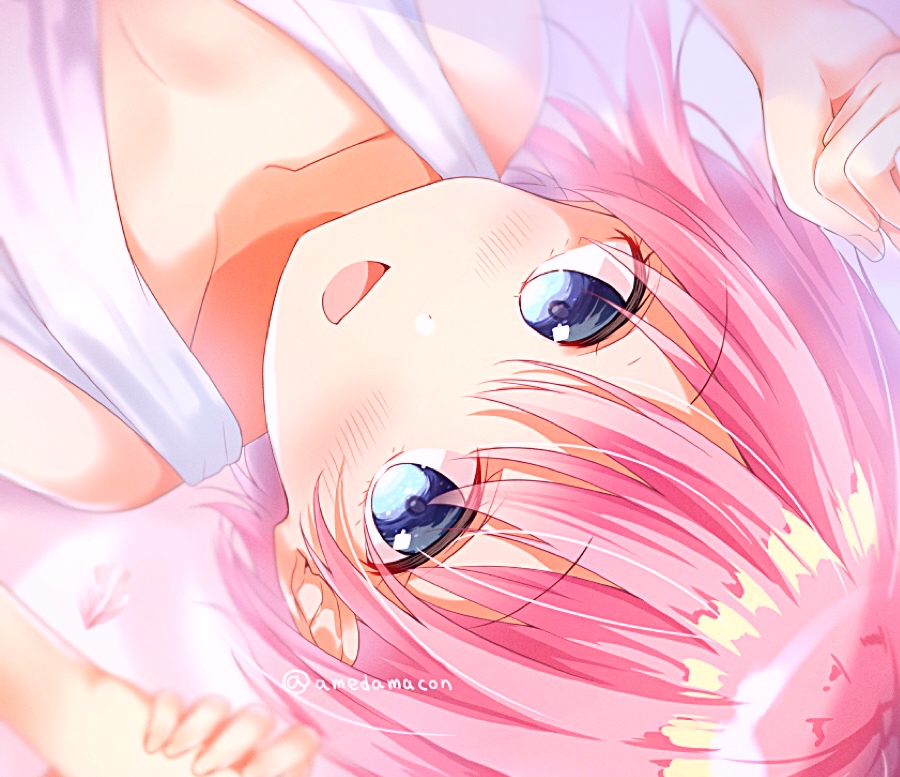 Safebooru - 1girl :d amedamacon bangs bare shoulders bed sheet blue eyes blurry blurry ...