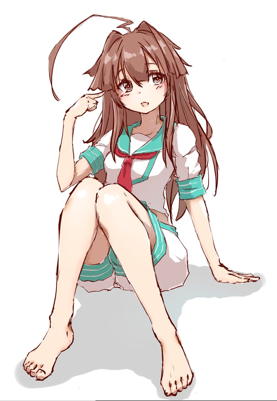 Safebooru - 1girl ahoge brown eyes brown hair full body green sailor collar highres huge ahoge ...