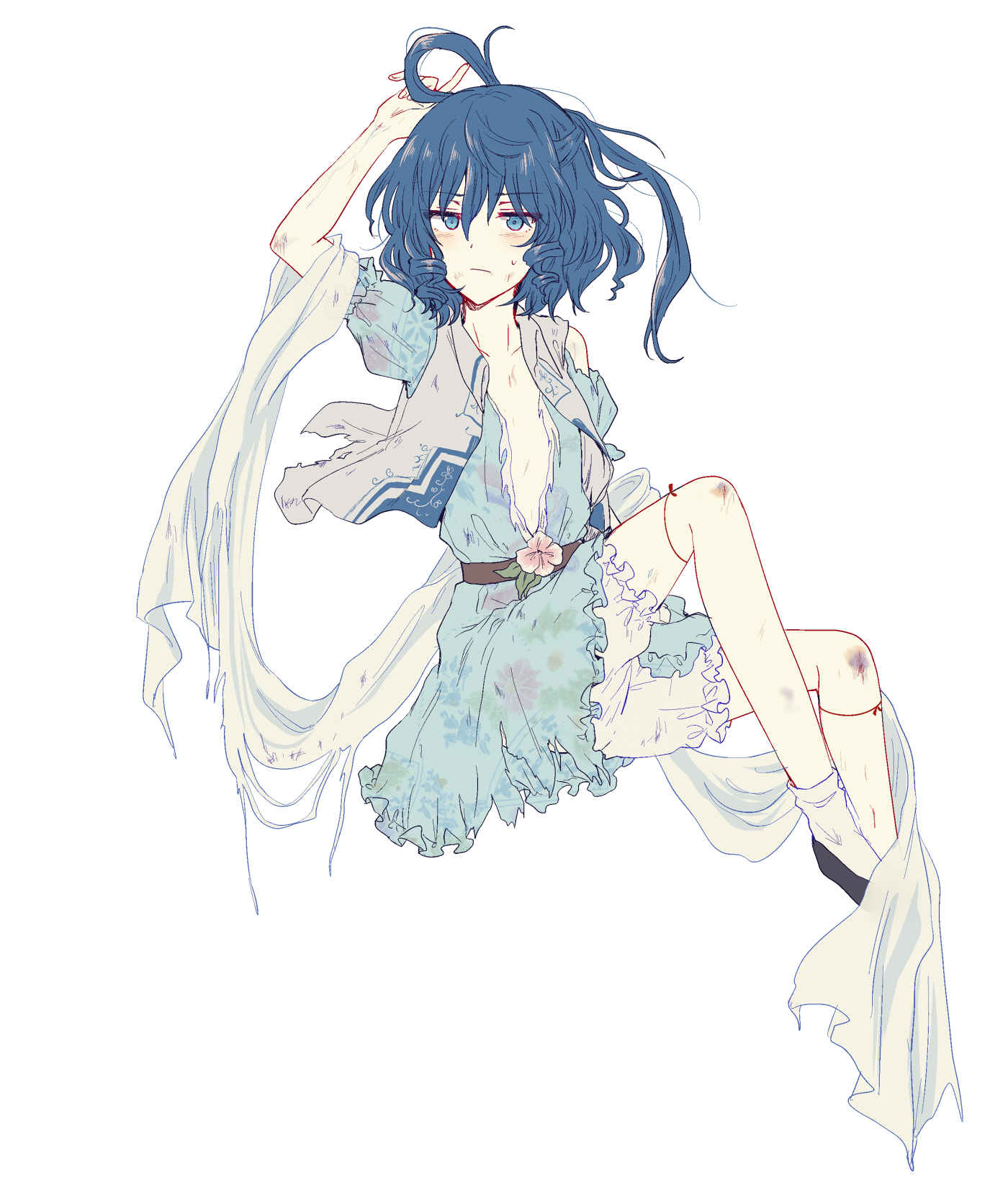 Safebooru - 1girl aqua dress arm up bangs bare shoulders belt black belt black footwear bloomers ...