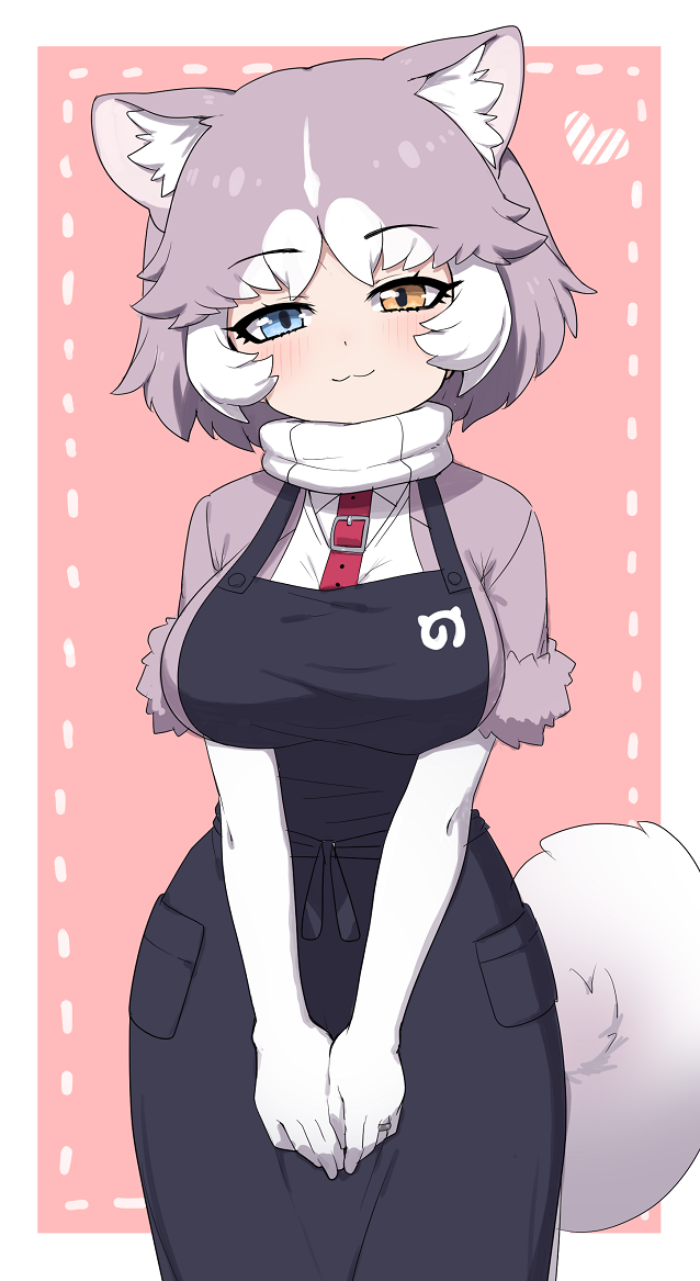 Safebooru - 1girl :3 animal ears apron black apron blue eyes blush cowboy shot dog (mixed breed ...