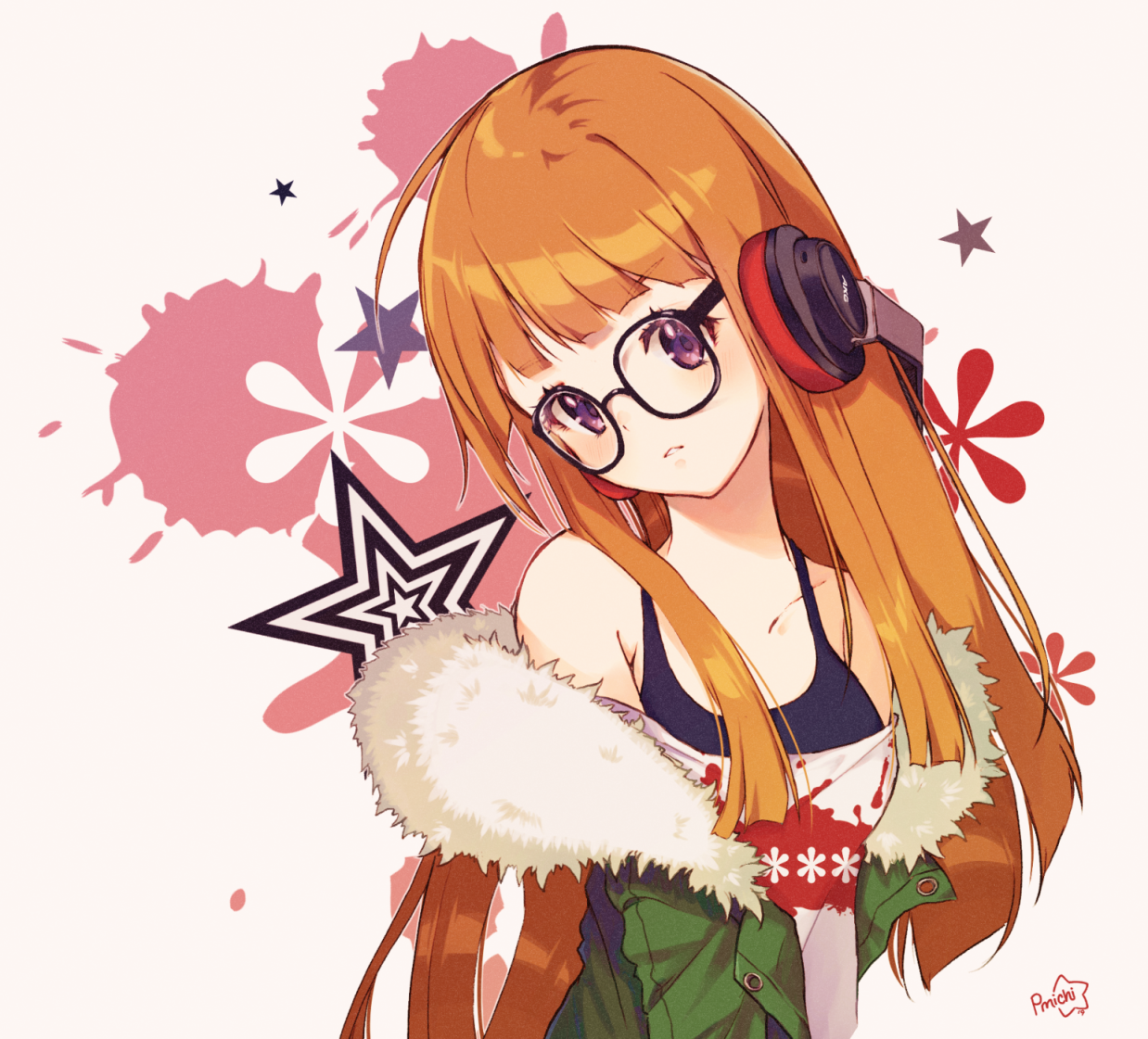 Safebooru - 1girl atlus bangs black-framed eyewear blunt bangs brown hair cropped torso cute fur ...