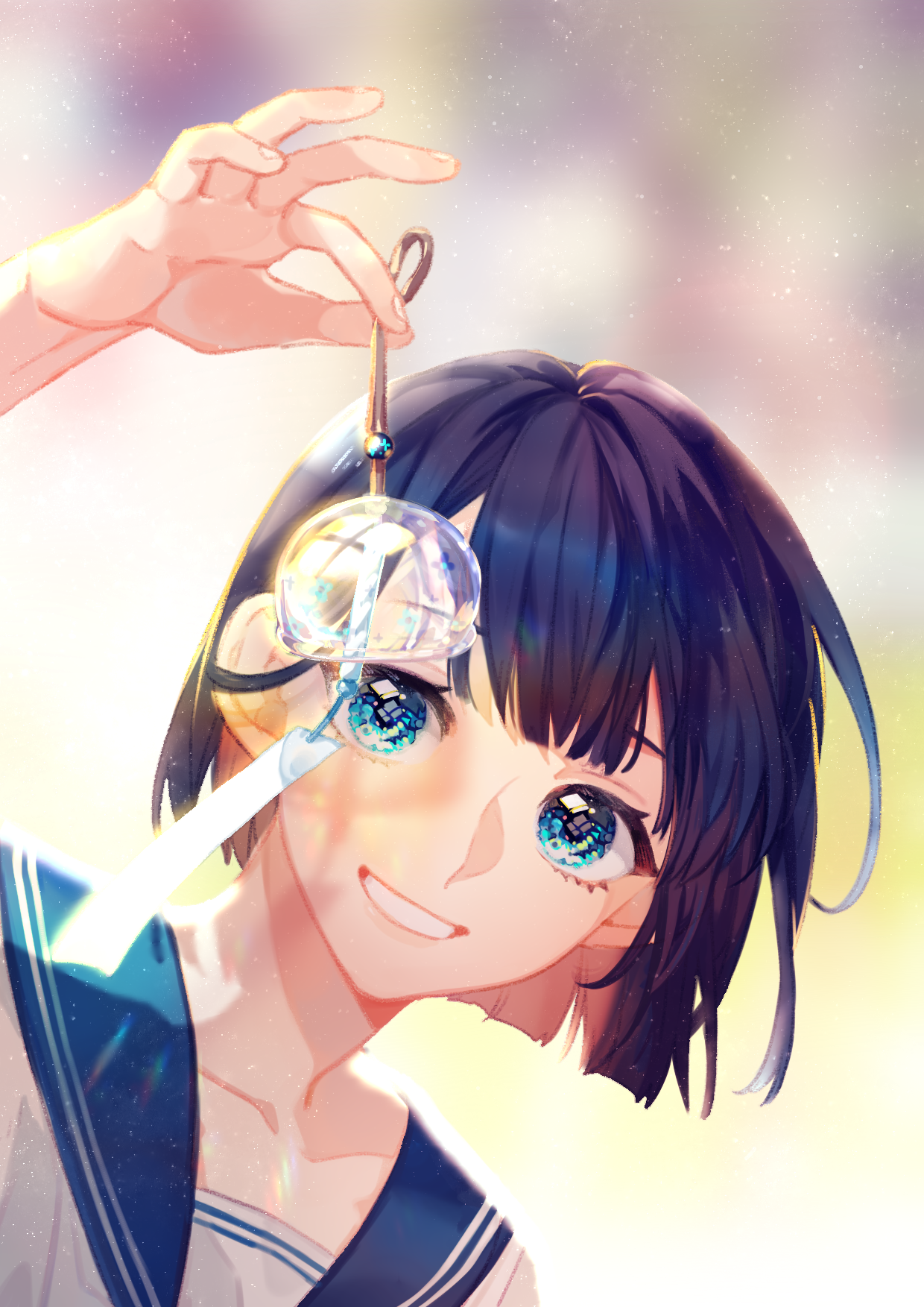 Safebooru - 1girl :d bangs black hair blue eyes blue sailor collar blunt bangs blurry blurry ...