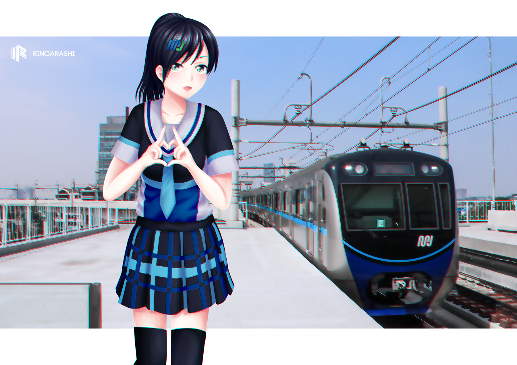 Safebooru - 1girl artist name black hair blue dress blue skirt chromatic aberration dress ground ...