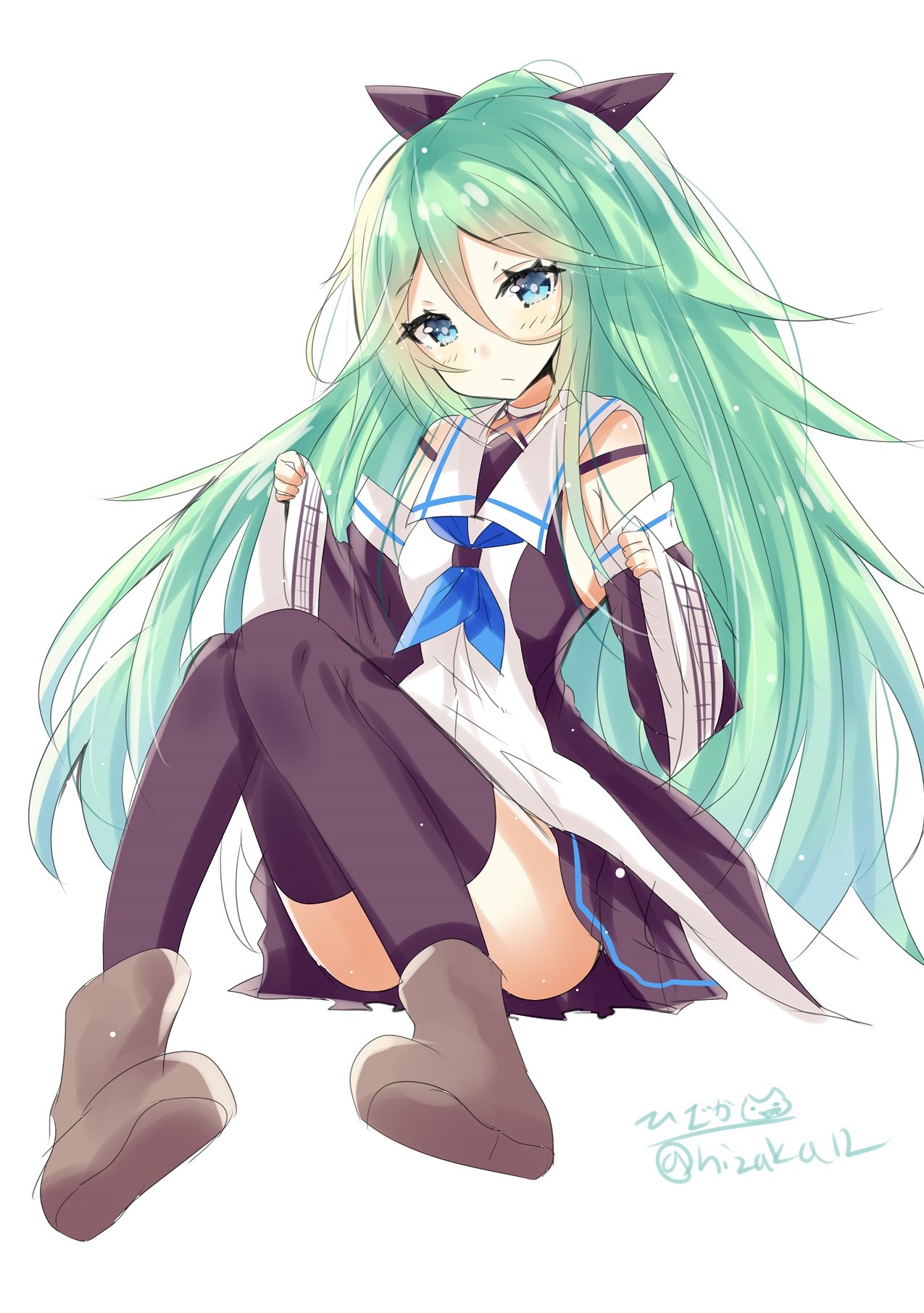 Safebooru - 1girl black legwear black ribbon black skirt blue neckwear blue ribbon blush brown ...