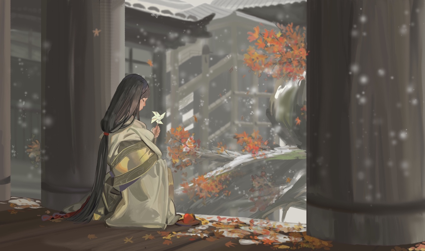Safebooru - 1girl architecture autumn leaves black hair closed eyes day divine child of ...