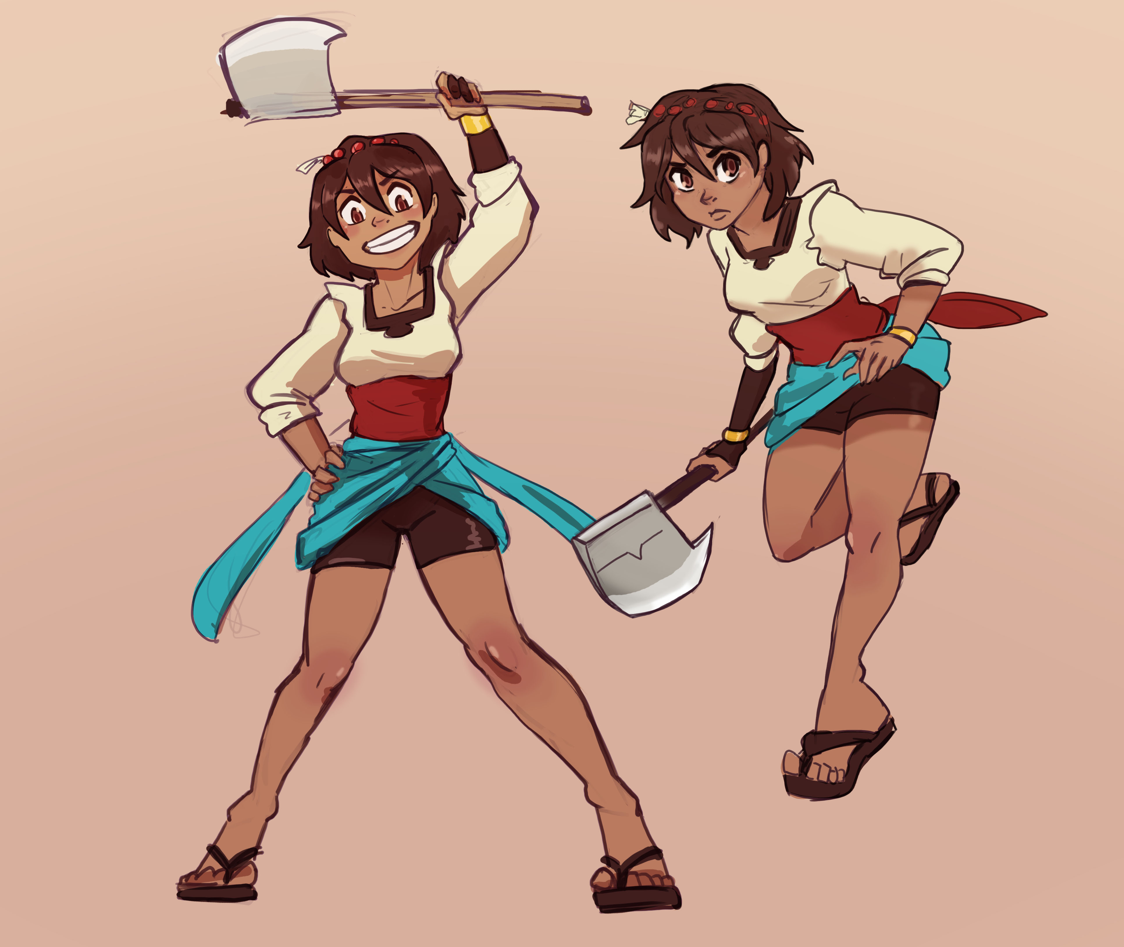 Safebooru - 1girl absurdres ajna (indivisible) ankle wrap arm up axe bangs beads bike shorts ...