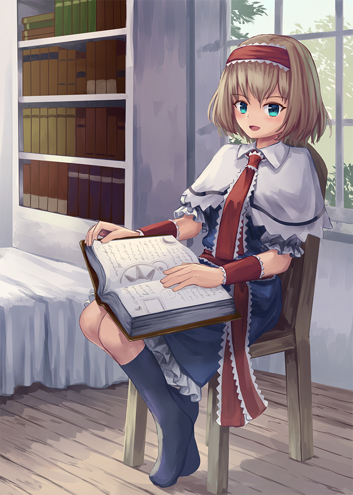 Safebooru - 1girl alice margatroid bangs bed black legwear blonde hair blue dress blue eyes blue ...