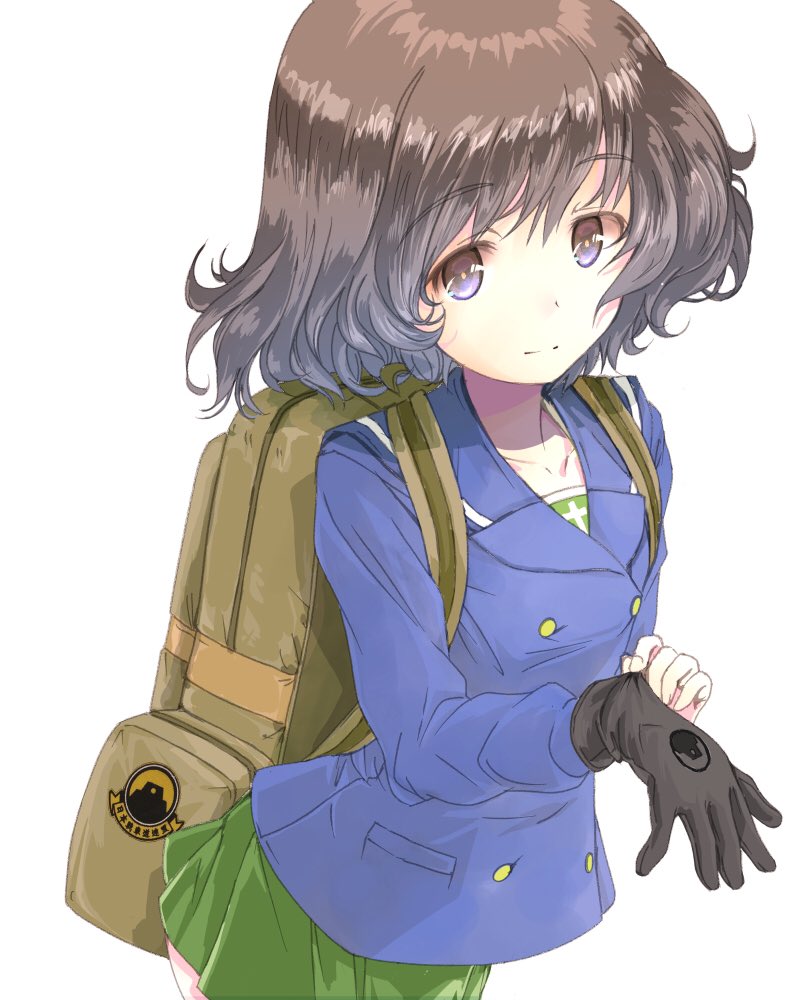 Safebooru - 1girl akiyama yukari backpack bag bangs black gloves blue coat brown eyes brown hair ...