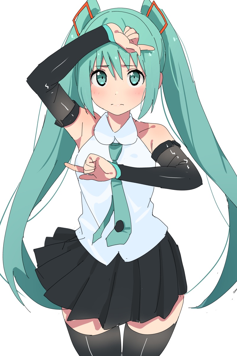 Safebooru - 1girl aqua eyes aqua hair aqua neckwear bare shoulders black legwear black skirt ...