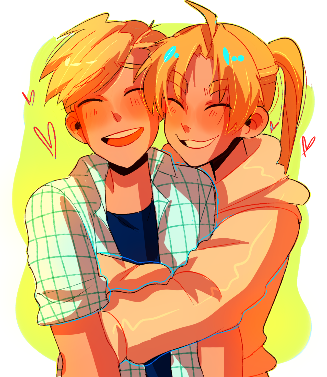 Safebooru - 2boys :d ^ ^ ahoge alphonse elric arms around waist bangs blonde hair blue shirt ...