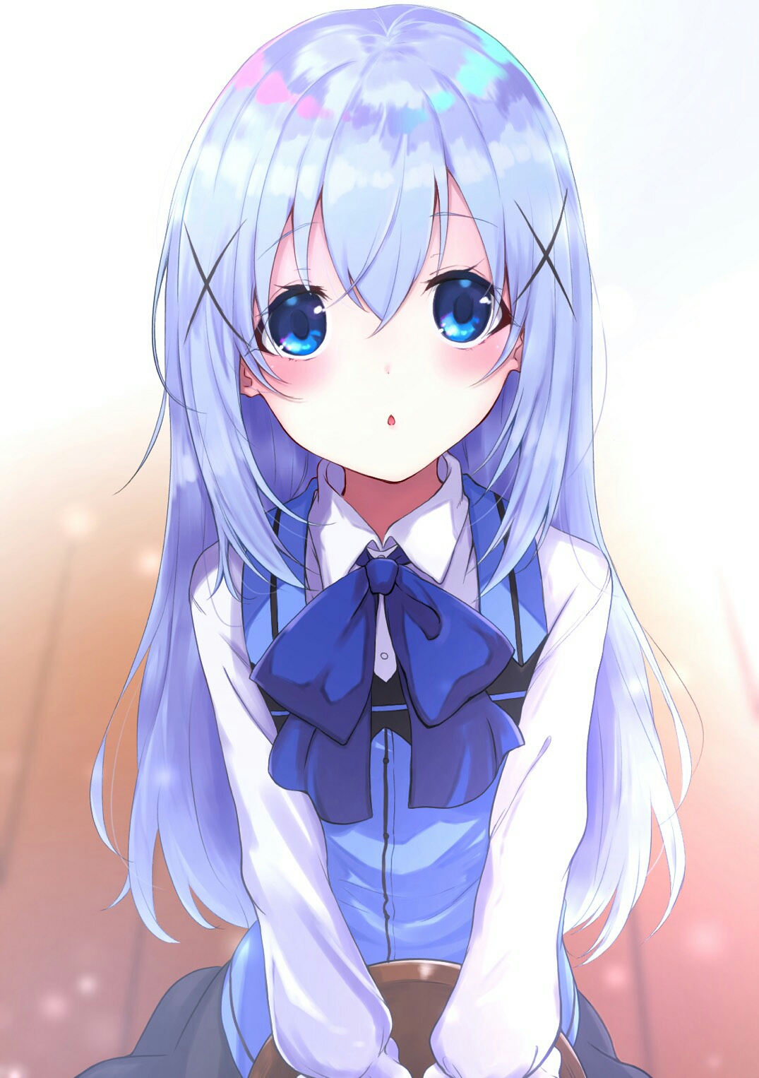 Safebooru - 1girl bangs black skirt blue bow blue eyes blue hair blue vest blurry blurry ...