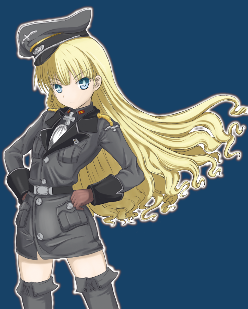 Safebooru - 1girl 1mm (norizo) blonde hair blue background blue eyes ...