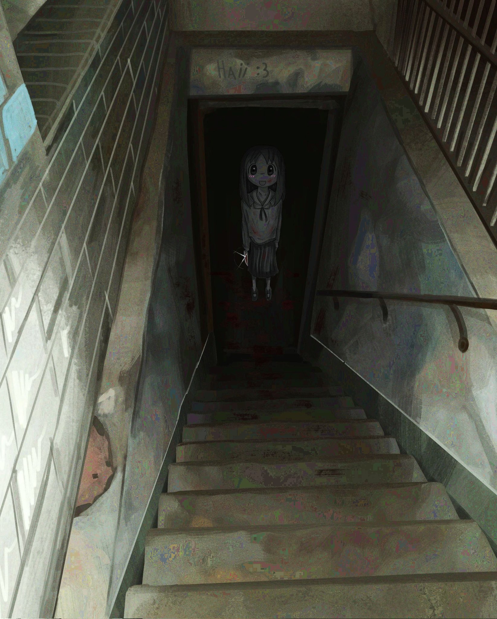 Safebooru - 1girl :d azumanga daioh blood blood on clothes commentary dark doorway english ...